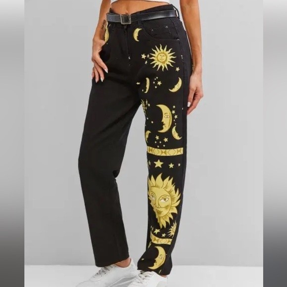 Zaful | Pants & Jumpsuits | Grunge High Waisted Moon Star And Sun Black ...